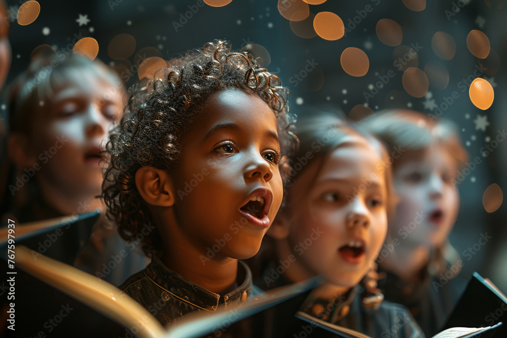 Group of children from music school singing in choir, 3D rendering ...
