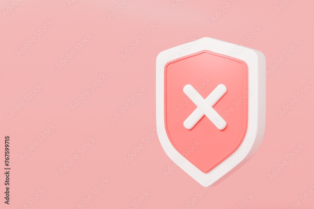 3d Realistic Shield unprotected with cross mark icon. Unprotection ...