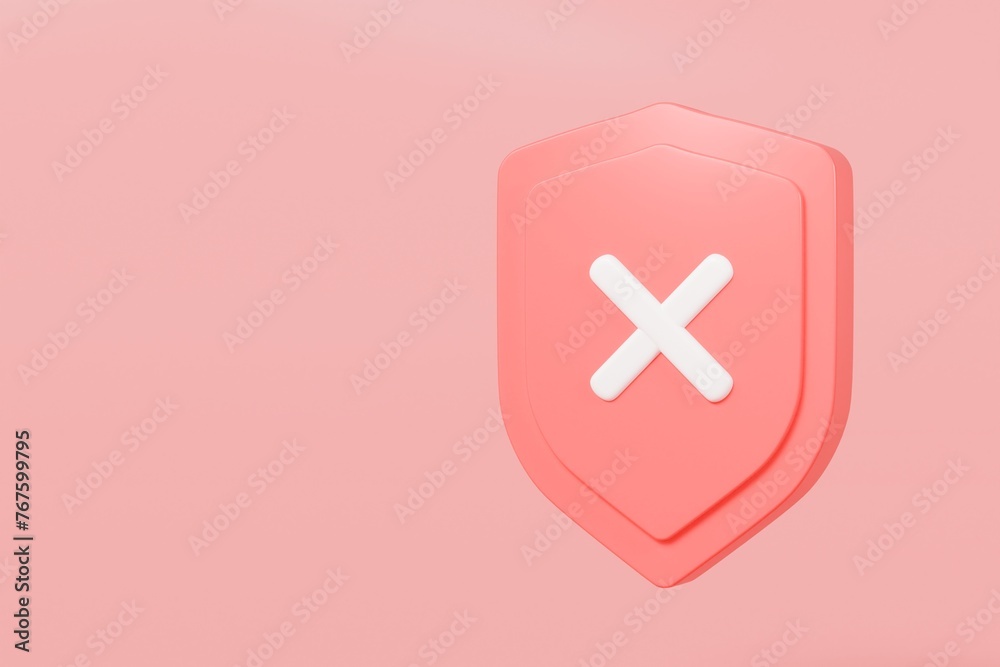 3d Realistic Shield unprotected with cross mark icon. Unprotection ...