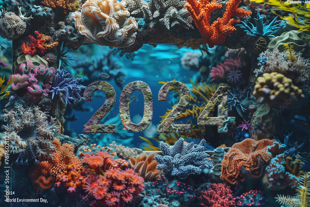 A frame mockup presenting a vibrant underwater coral scene for "2024 ...