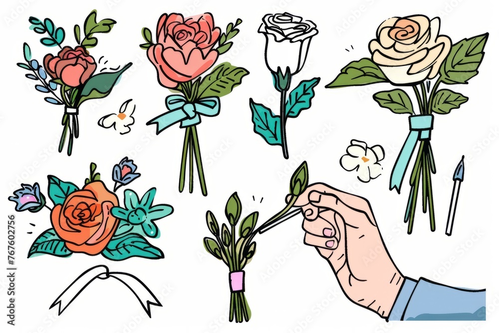 Cartoon cute doodles of a florist creating a corsage or boutonniere for ...