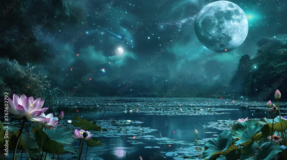 Vidéo Stock Dreamy fantasy lake shimmering under the starlit night sky ...
