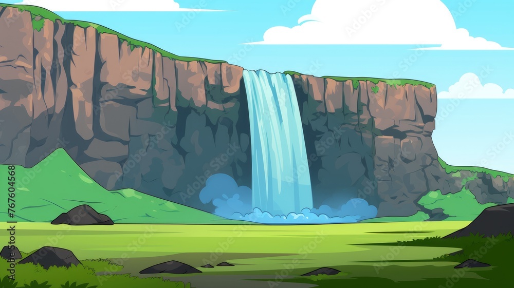cartoon landscape with a majestic waterfall and lush greenery Stock ...