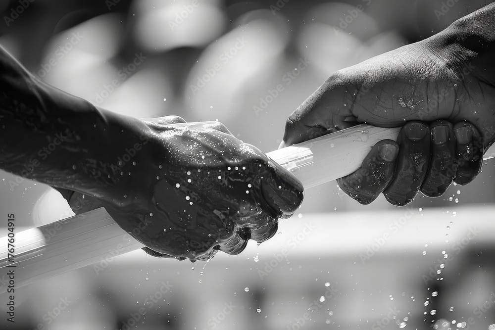 The critical moment of a hand passing the relay baton in a track race ...