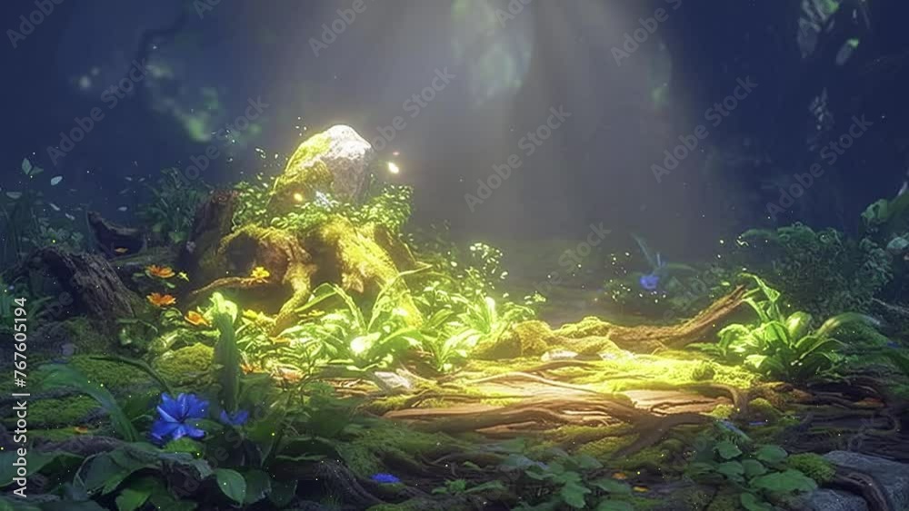 ethereal enchanted forest glade where a lone rock hovers. seamless ...