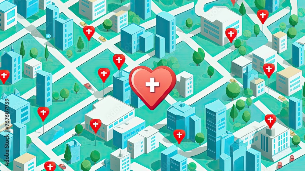 a map of a city with markers indicating different hospitals Stock ...
