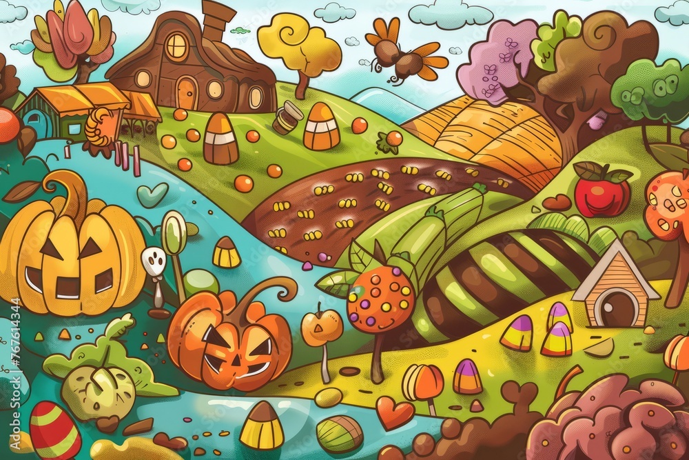 Cartoon cute doodles of a candy farm with fields of candy corn, pumpkin ...