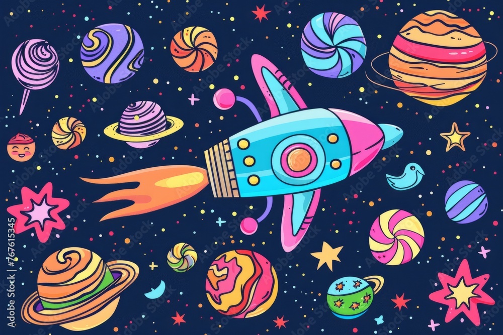 Cartoon cute doodles of a candy spaceship flying through a galaxy ...