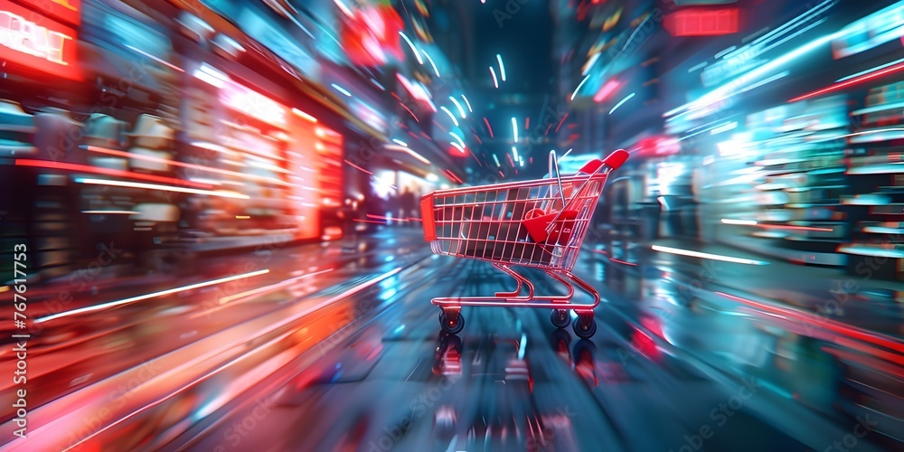 A high-speed shopping cart character races through a blurred neon-lit ...