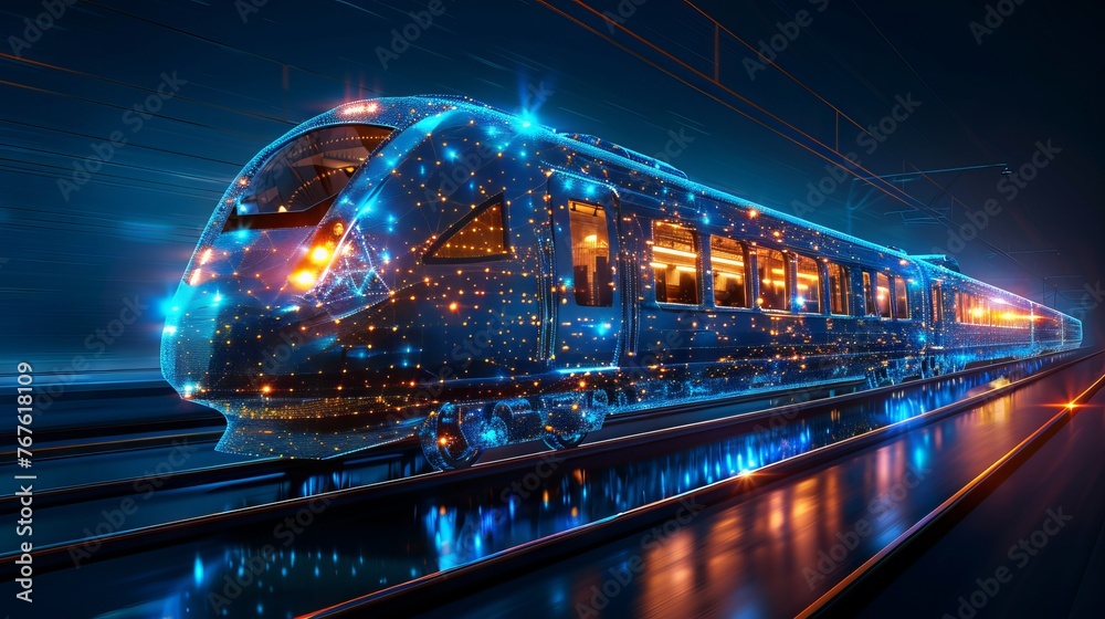 This abstract 3D wireframe depicts an abstract train at a railway ...