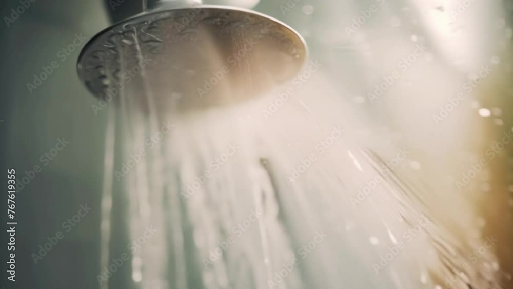 Clear shower with refreshing water streaming down from the overhead ...