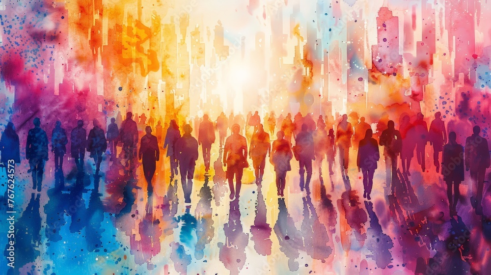 Crowd of people panorama, abstract watercolor painting with bright and ...