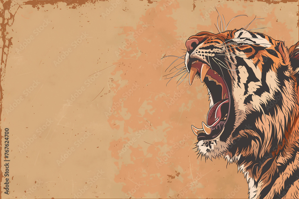 illustration tigre gueule grande ouverte rugissant de profil, dessin d ...
