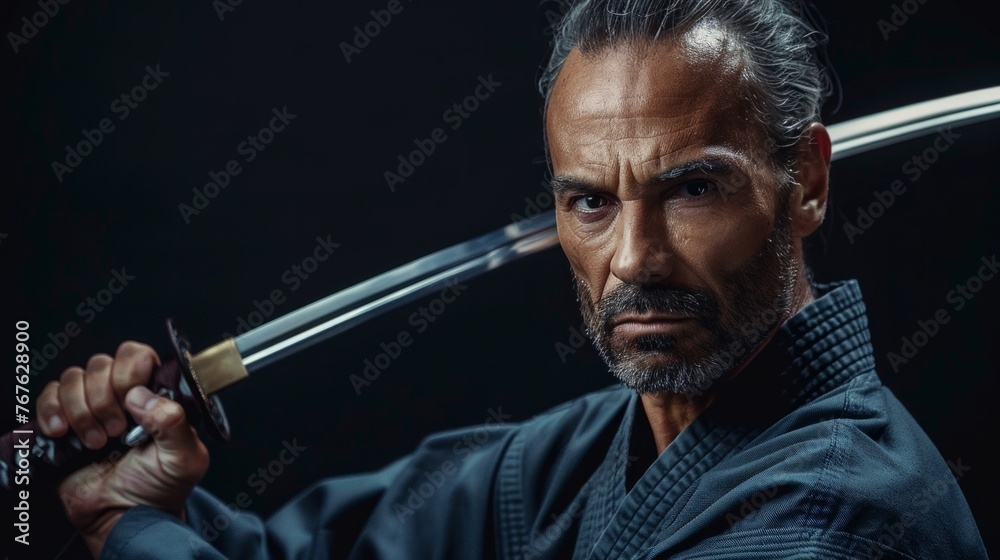 Portrait of caucasian sensei master with black sensei belt in taekwondo ...