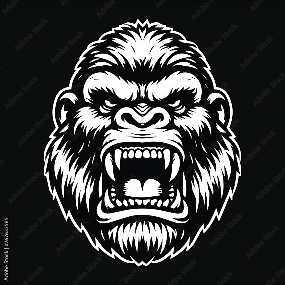Dark Art Angry Beast Kingkong Head with Sharp Fang Black and White ...