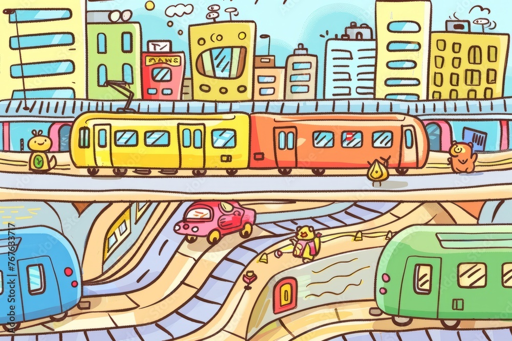 Cartoon cute doodles of a big city subway system with colorful trains ...