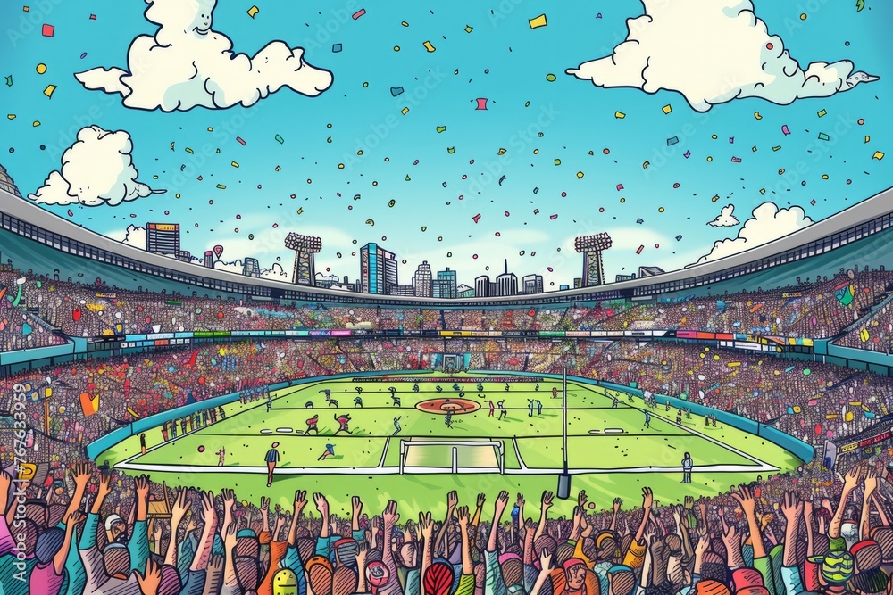 Cartoon cute doodles of a big city sports stadium packed with cheering ...