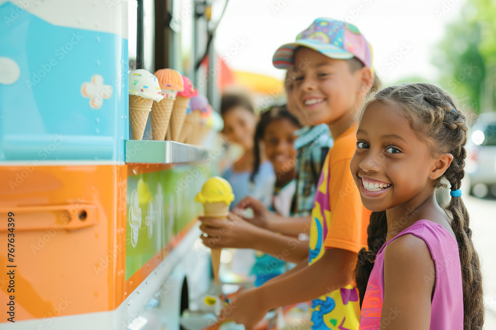 Children line up outside a vibrant ice cream truck, awaiting their ...