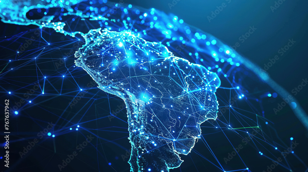 Abstract digital map of South America, concept of global network and ...