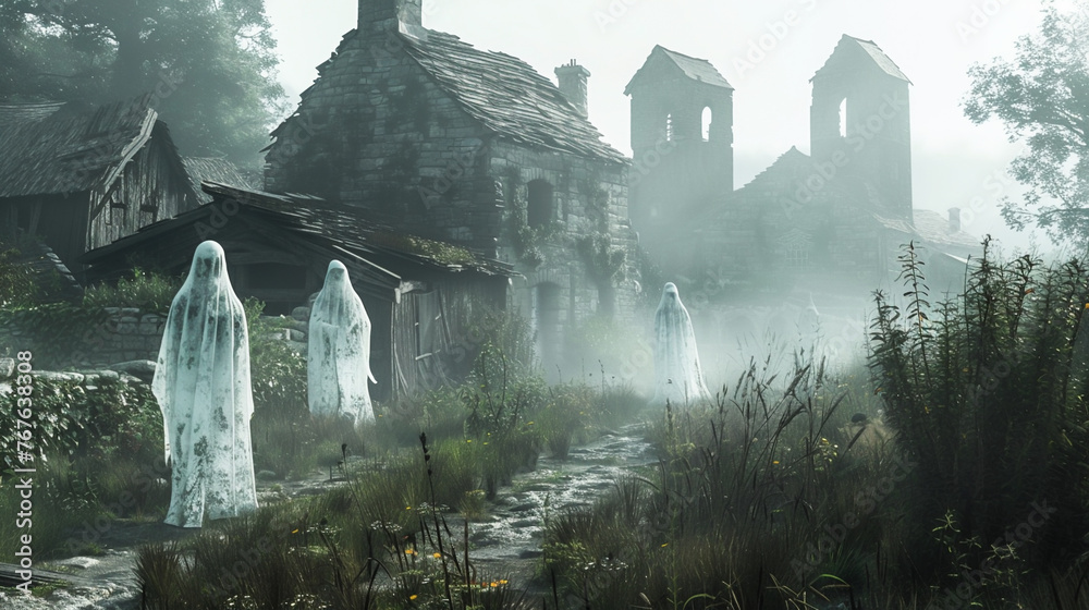 Ghosts of the afflicted float above a medieval village victims of a ...