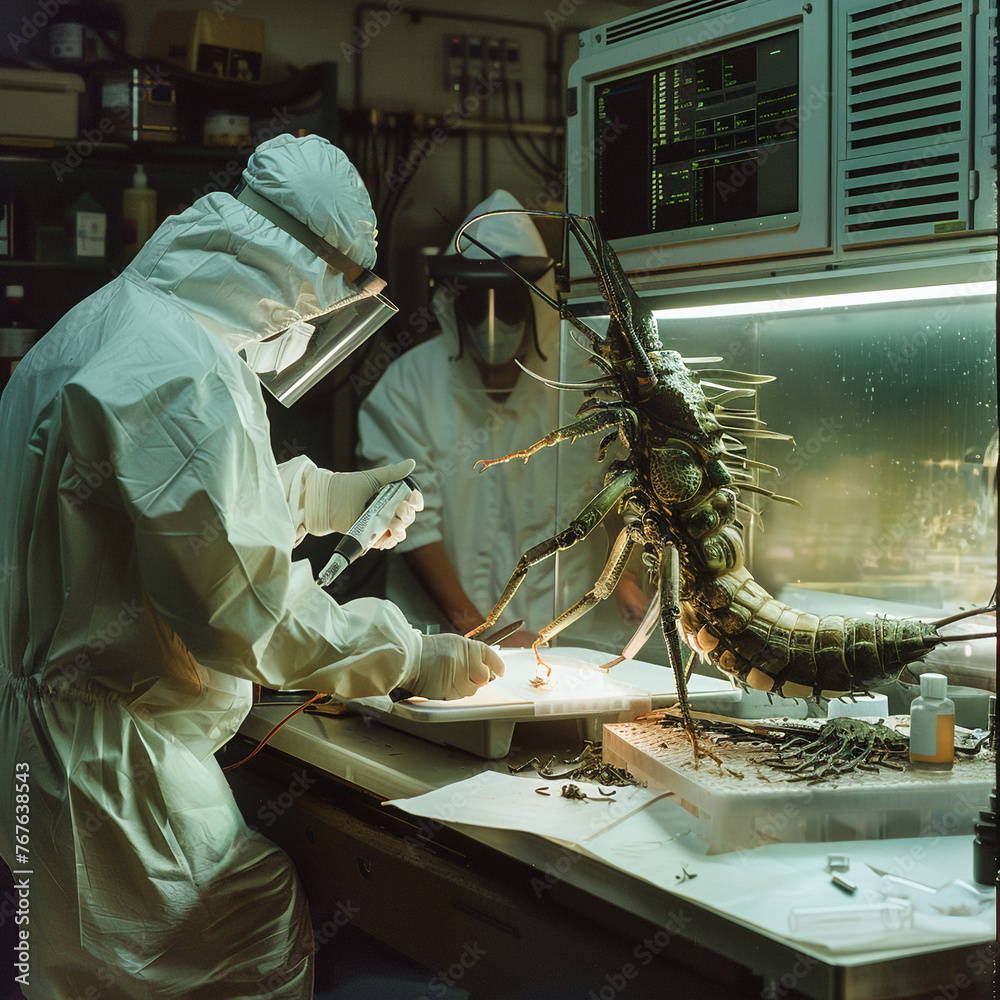 Scientists in biohazard suits study an alien invasive species in a ...
