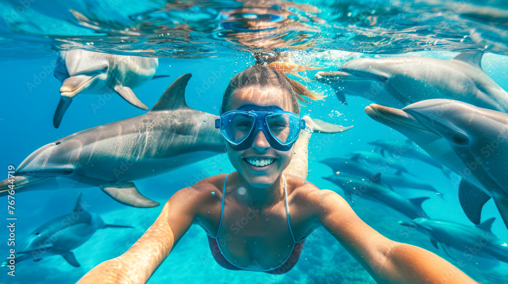 swimming with dolphins. Young woman diving with funny dolphins ...