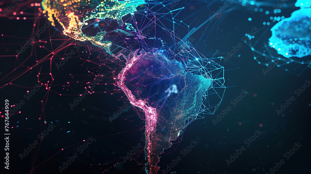 Abstract digital map of South America, concept of global network and ...