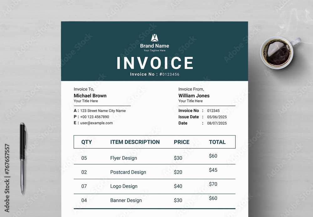 Invoice Layout With Dark Blue Header Stock Template | Adobe Stock