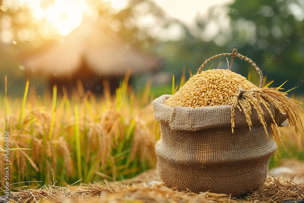 Rice in field conversion test at Asian with blurred background. AI ...
