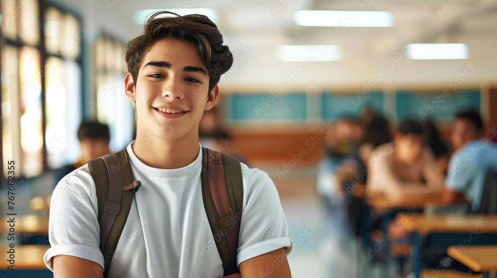 a stylish male high school student with smile standing confidently in a ...