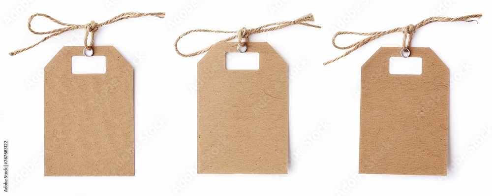 Three brown tags with a white background. The tags are hanging from a ...