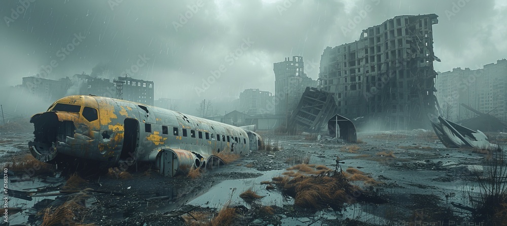 Airplane wreck and apocalypse city background after war. Wasteland ...
