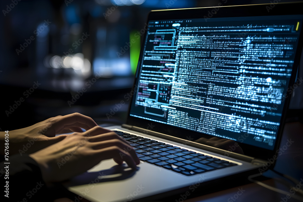 Professional Coder Programming In Javascript Python C A Modern Coding Desk Setup Stock