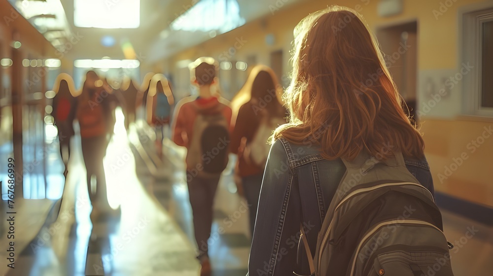 Teenagers outdoor at school enjoying life, back view, School friends ...