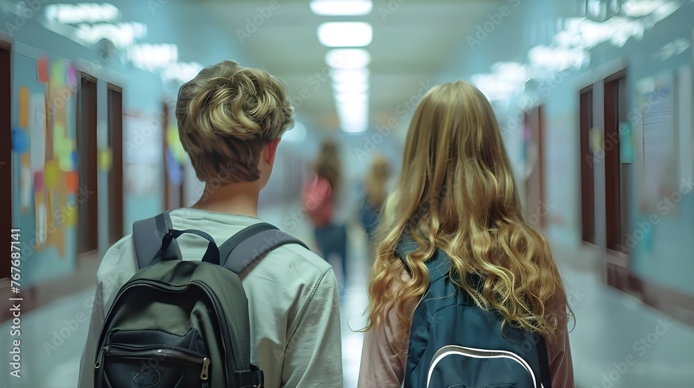 Teenagers outdoor at school enjoying life, back view, School friends ...
