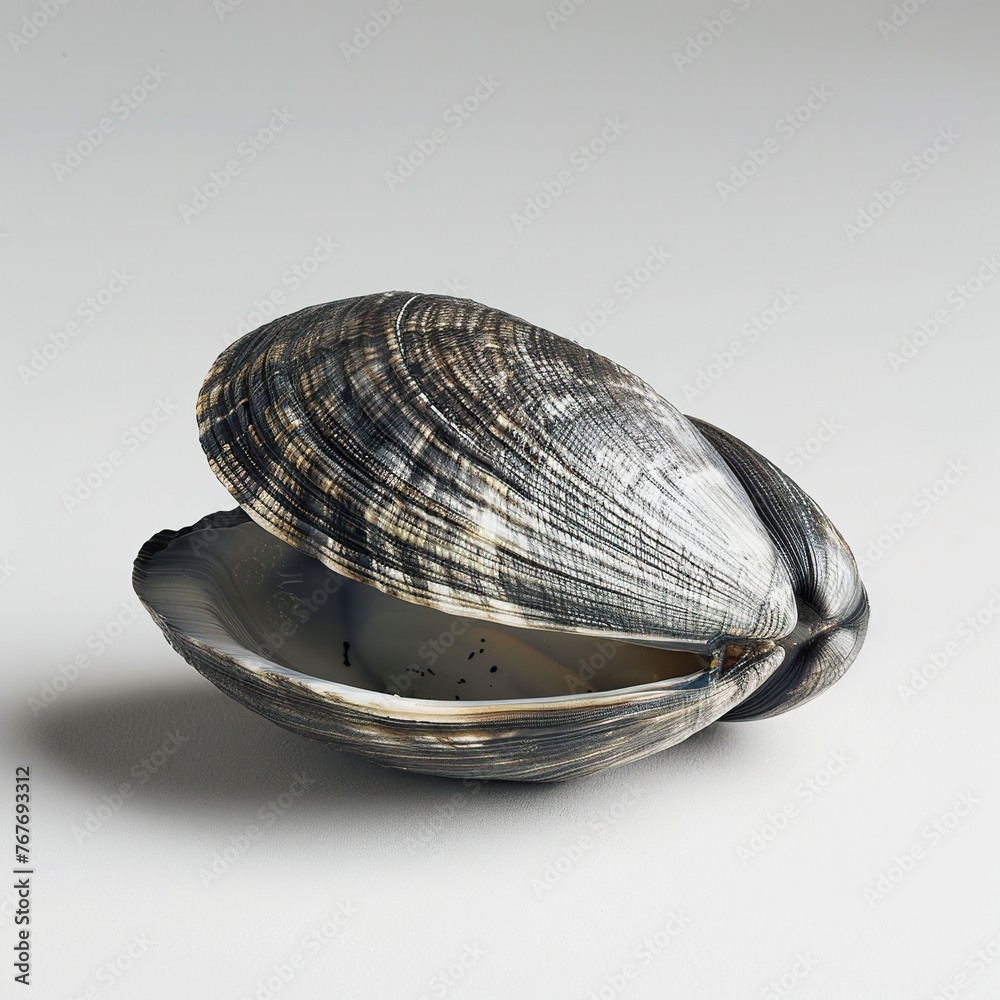 A shell is opened up to reveal a white interior. The shell is black and ...