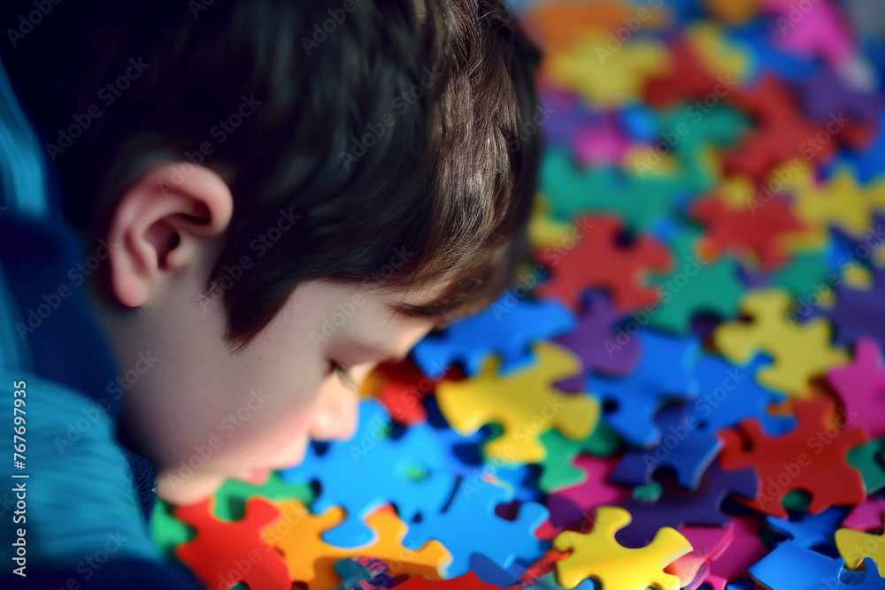 Sad little kid portrait with puzzles pieces background. World autism ...
