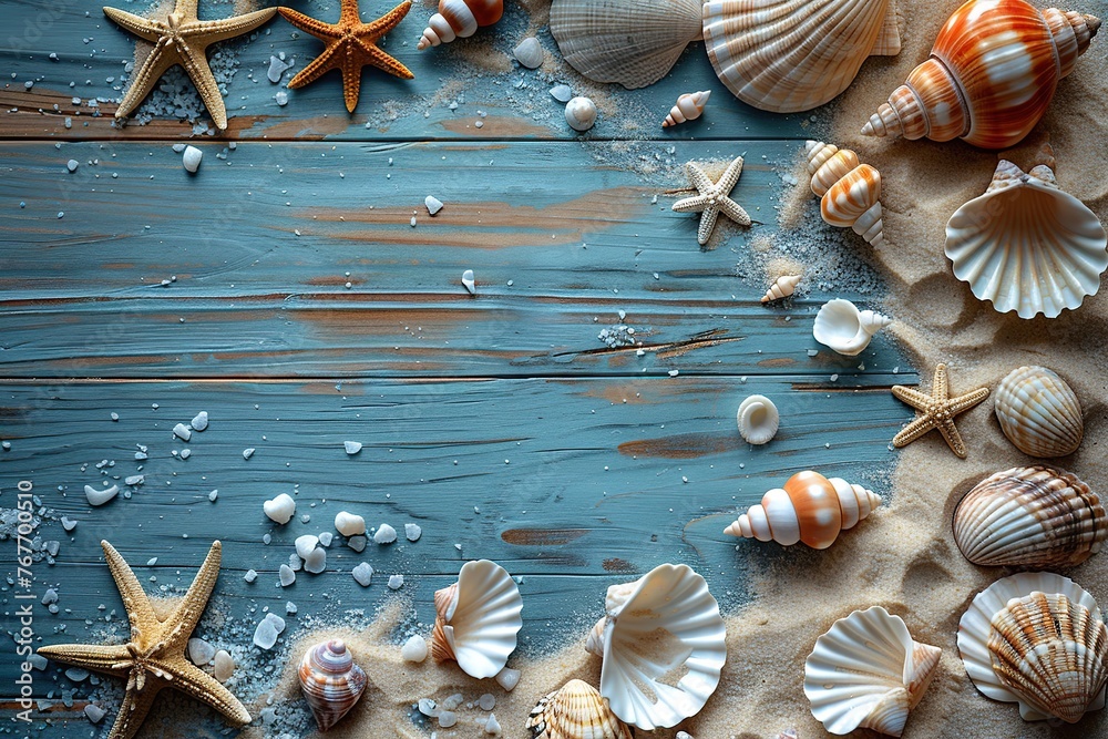 A blue background with a variety of shells and starfish. The shells are ...
