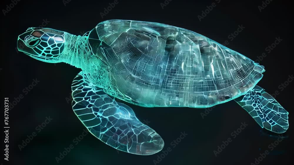 Glowing teal wireframe renders a 3D illustration of a swimming sea ...