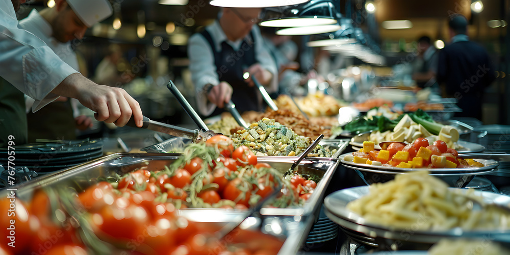 Indoor restaurant buffet with meat fruit and veggies in vibrant colors ...