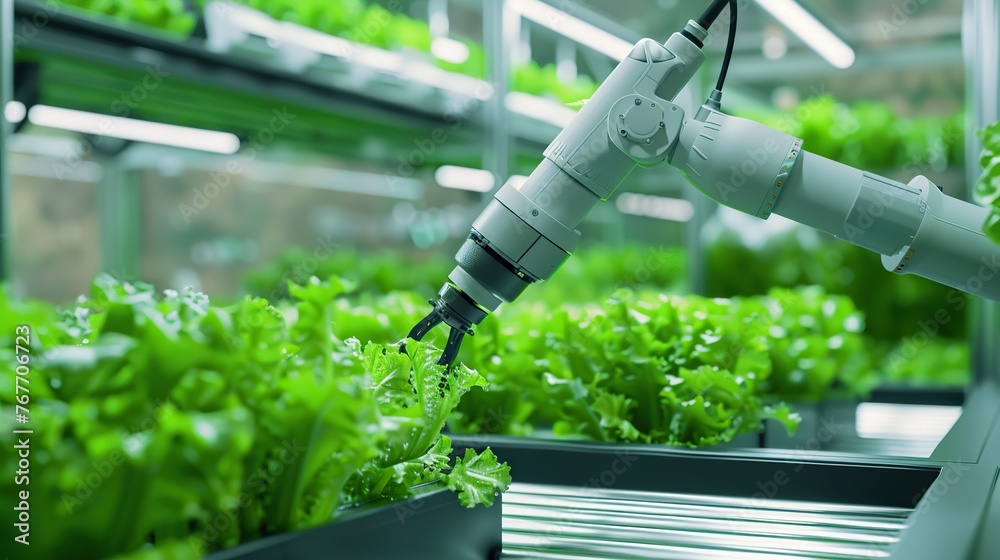 A robot is picking up a leaf from a plant. The robot is white and has a ...