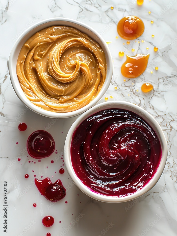 peanut butter and jelly smeared into a yin and yang shape on a white ...