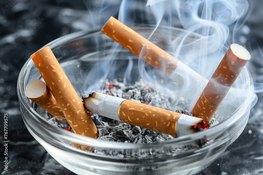 A bowl of ash and cigarette butts with smoke rising from it. Scene is ...