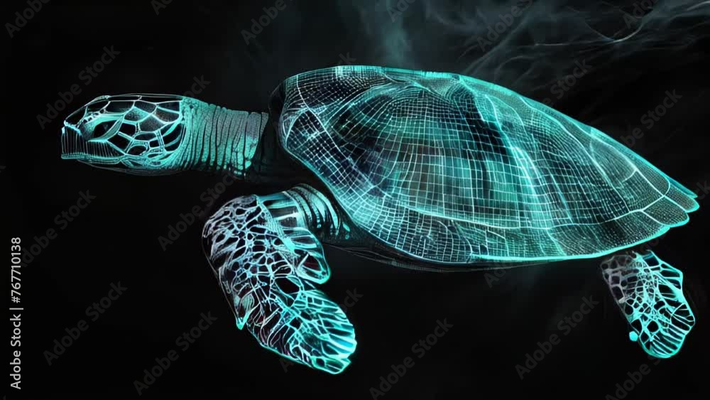 Glowing teal wireframe renders a 3D illustration of a swimming sea ...