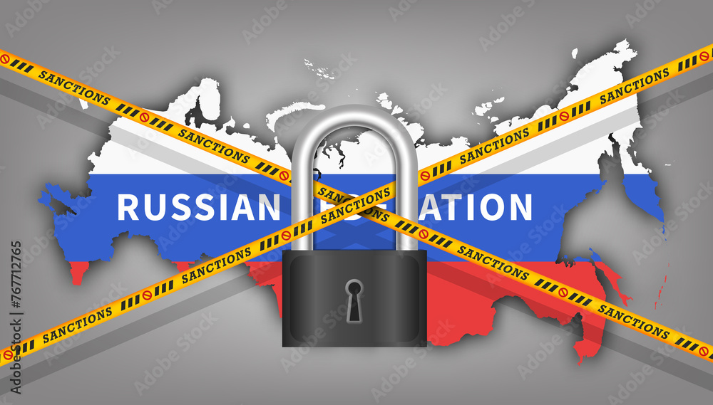 Illustration yellow ribbons with the inscription sanctions crossed over ...