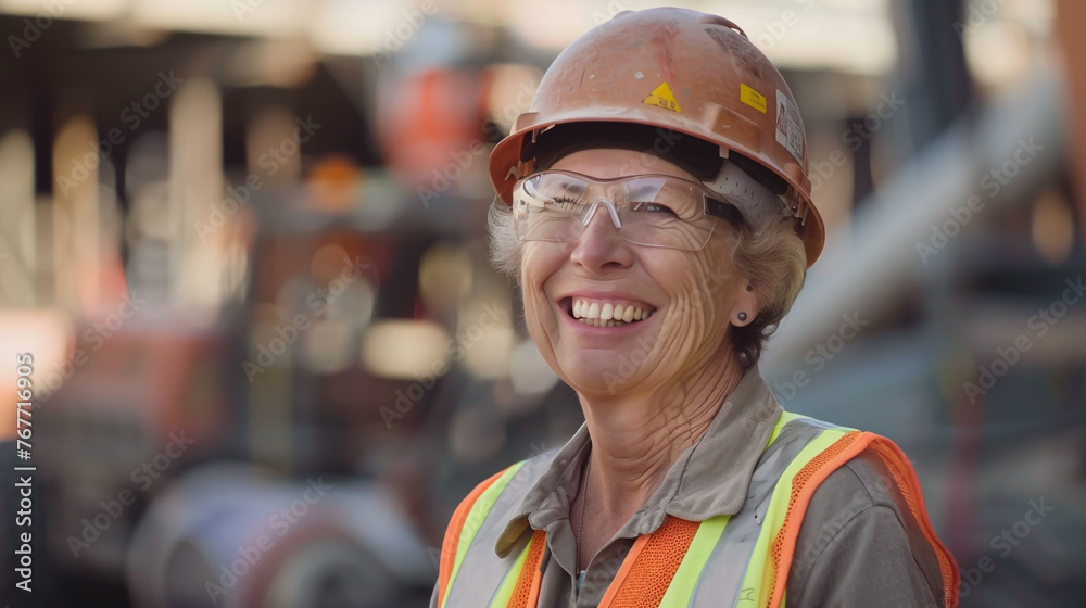 An older woman, donning a hard hat and work vest, smirks as she labors ...