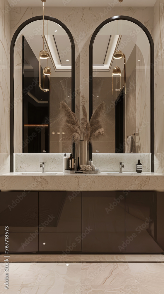 A double bathroom designed with two tall arched mirrors and one wall ...
