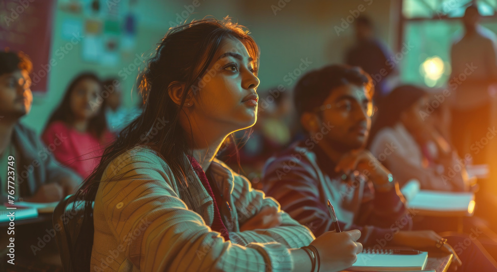 Indian female student sitting in the back row, listening to her teacher ...
