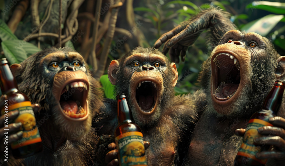 A group of happy monkeys holding beer bottles in their hands, they all ...