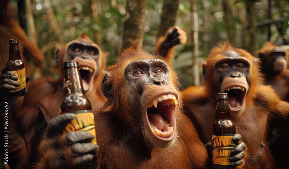 A group of happy monkeys holding beer bottles in their hands, they all ...